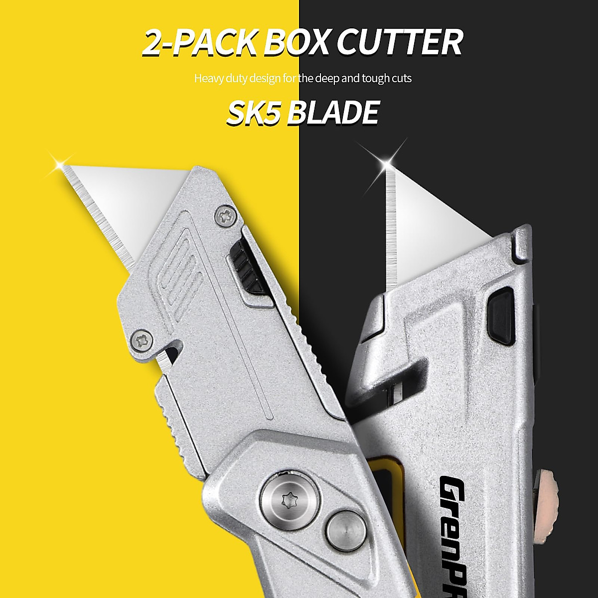 GRENPRO 2-Pack Utility Knife, SK5 Heavy Duty Retractable Folding Utility Knife, Storage Blade Design, Quick-change，Comes with 16 Extra CK75 Blades，Cut Cartons, Cardboard and Boxes,（Total 18 Blades）