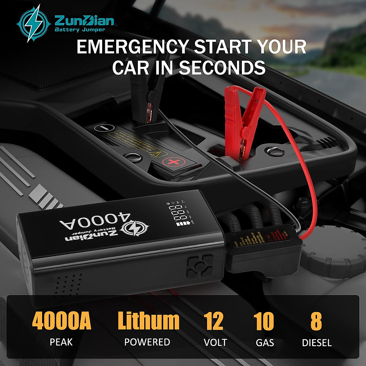 Jump Starter, 4000A Battery Jumper Charger 150PSI Air Compressor, Portable Jump Starter, 12V Lithium Jump Box Battery Power Pack(10.0L Gas/8.0L Diesel), Jumper Cables, QC 3.0, Flashlight, LCD Display