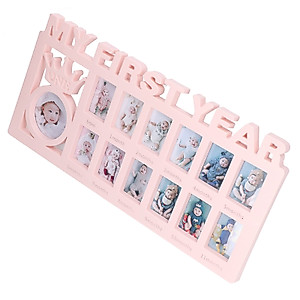 CHICIRIS Newborn Baby First Year Picture Frame with 12 Month Slots, Baby Monthly Collage Keepsake Frame for Photo Memories, White(pink)