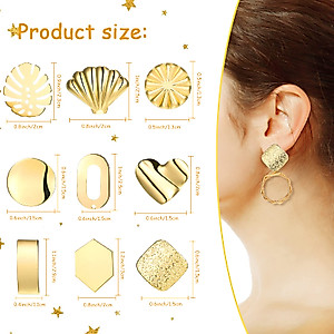 Hicarer 36 Pcs/ 18 Pairs Gold Plated Earring Studs for Jewelry Making Earring Posts with Loop Hole Ear Studs Kit Palm Leaf Shaped Flower Shell Ear Pad Base Posts Heart Hollow Rectangle Hexagon Shapes