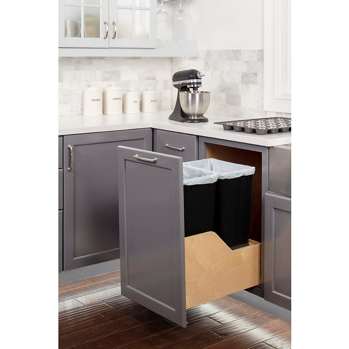 Double 50 Quart Wood Bottom-Mount Soft-Close Trashcan Pullout for Door Mounting, Includes Two Black Cans