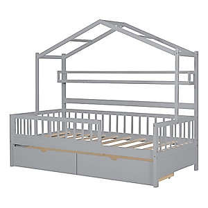 Harper & Bright Designs Twin House Bed with 2 Storage Drawers, Kids Twin Platform Bed Frame with Storage Shelves, Fence and Roof, Tent Bed, Wood Playhouse Bed Twin for Kids Teens Girls & Boys (Gray)