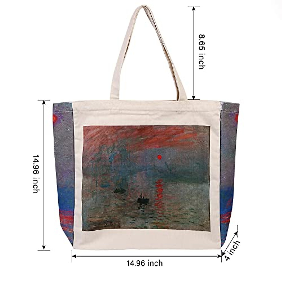 Sanmuci Canvas Tote Bag, Women's Large Zip Canvas Bag with Pockets, Vintage Graphic Aesthetic Shoulder Bags, Reusable Grocery Lunch Bag - Monet·Sunrise Impression