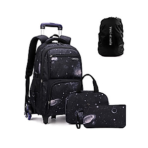 Voici et Voila Backpack with Wheels, Galaxy Trolley Schoolbag Kids Rolling Backpack with Lunch Box and Pencil Case Rolling Trolley Book Bag for Kids Boys