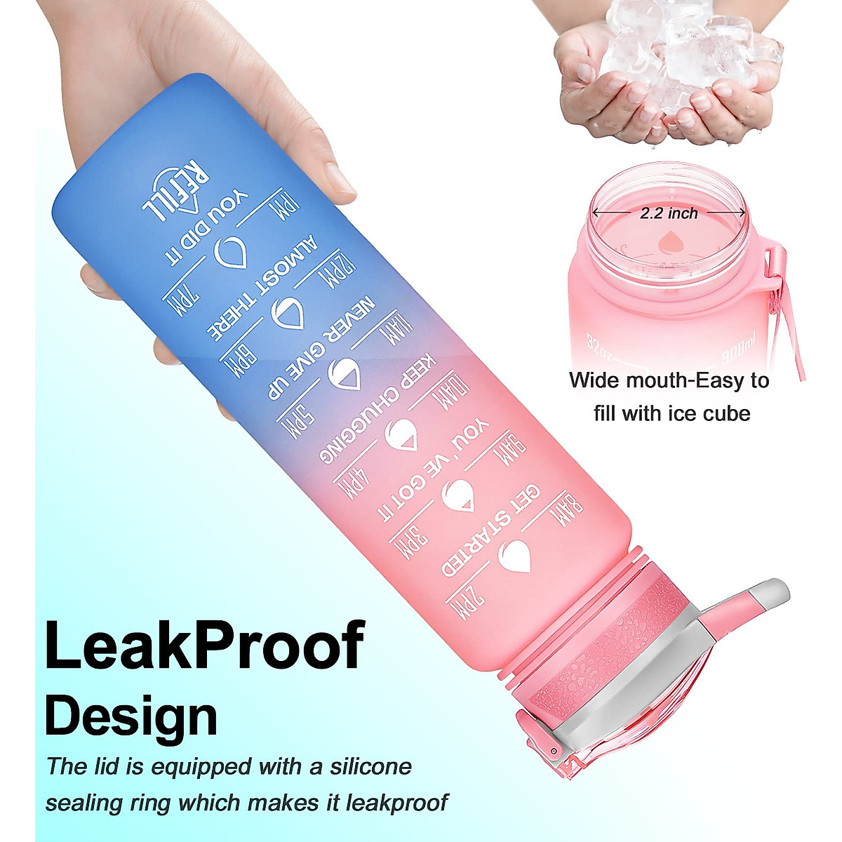 32OZ Motivational Fitness Sports Water Bottle with Straw & Time Maker, BPA-free, Tritan Plastic, Leak-proof Ensure you Stay Hydrated Throughout The Day for Gym, Outdoor Sports (Omber: Rose Serenity)