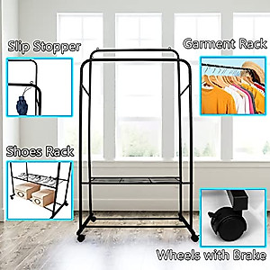 befacai Clothing Garment Rack with Shelves, Upgraded Length Cloth Hanger Rack Stand on Wheels, Clothes Drying Rack with Two Rod (31.5“ Black)