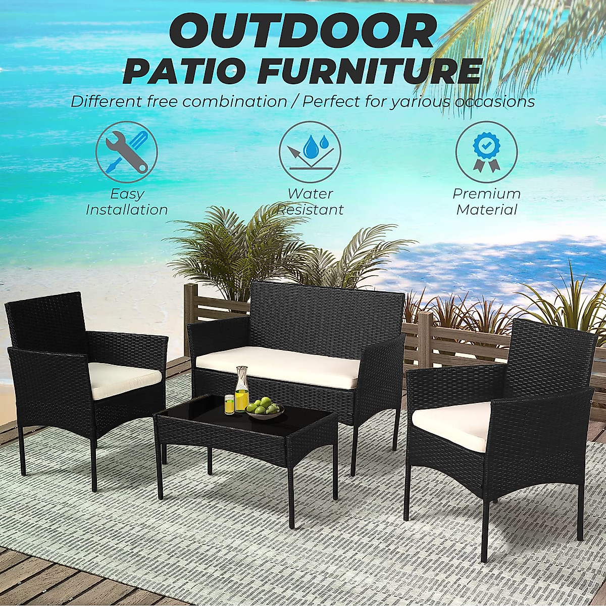 MGHH Patio Furniture Set 4 Pieces Outdoor Furniture Wicker Patio Conversation Sets Rattan Chairs with Soft Cushion and Glass Table for Pool Backyard Garden Balcony Porch Small Space,Black and Khaki