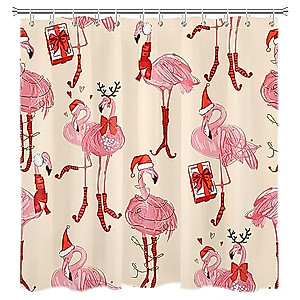 HVEST Christmas Flamingo Shower Curtain, Pink Flamingo with Xmas Hat and Stocking on Beige Background Shower Curtain for Bathroom, Animal Polyester Fabric Shower Curtain with Hooks, 72W x 72L Inches