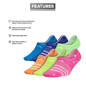 adidas Girl's Superlite 6-Pack Super No Show, Screaming Pink/Acid Yellow/Screaming Orange, Medium