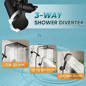Esnbia Rain Shower Heads with Handheld Spray Combo, 10 Inch High Pressure Rainfall Shower Head with 11" Extension Arm, 3 Setting Handheld Shower Head with Suction Cup Shower Holder, Matte Black