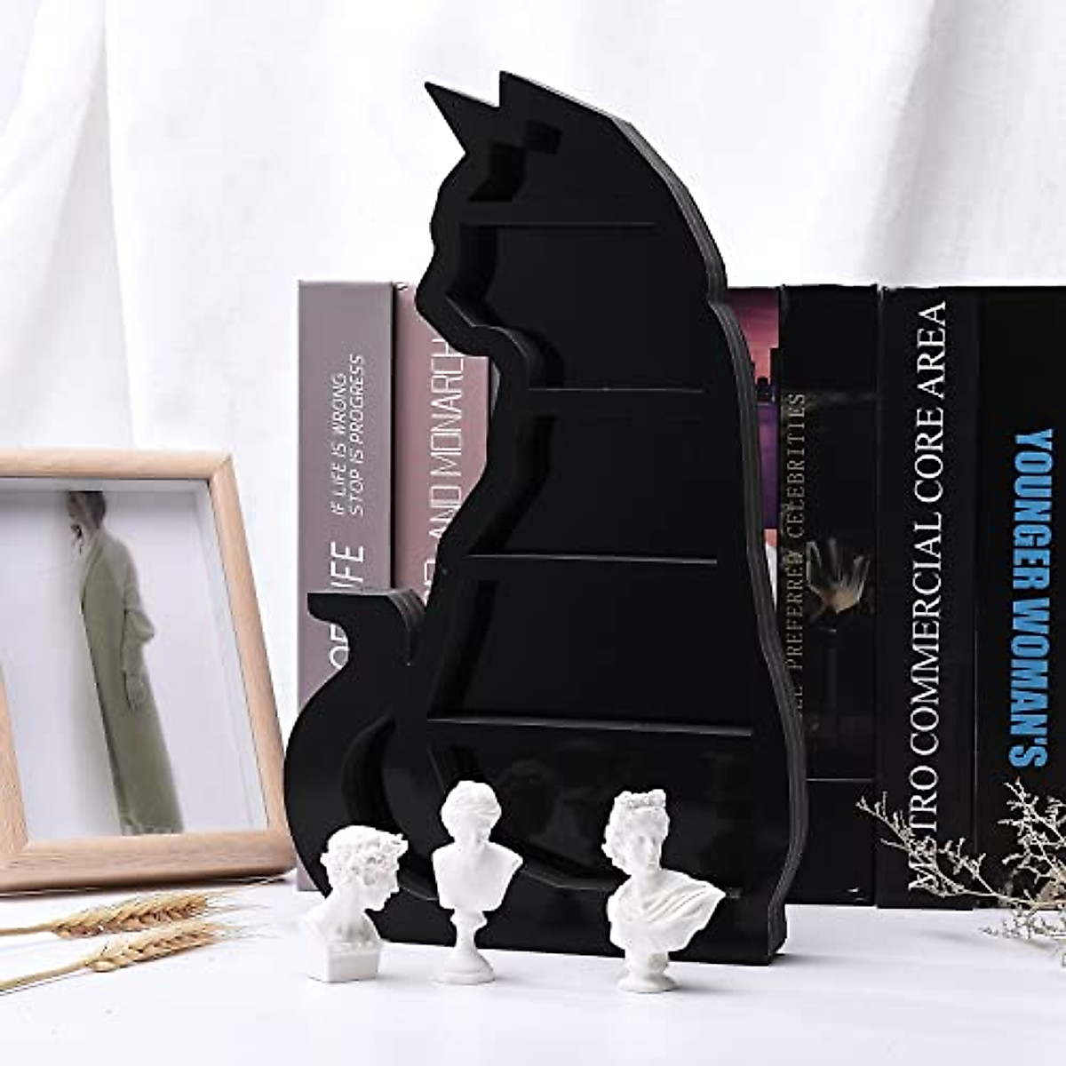 Alapaste Moon Shelf Cat Design,Wooden Crystal Shelf Jewelry Holder,Cute Moon Phase Crystal Shelf,Wall Mounted Floating Shelves,Reversible Essential Oil Shelf for Living Room,Dinning Room,Bed Room