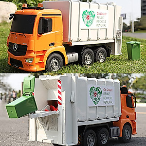 DOUBLE E Benz Licensed Remote Control Garbage Truck Electric Recycling Toy Set with Trash Bin Real Lights Rechargeable Waste Management Trash Truck Toys Gift for Kids