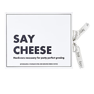 Santa Barbara Design Studio Gift Set Kitchen Essentials Face to Face Designs Black and White Cardboard Book Gift Box, 4-Pieces, Say Cheese Ceramic Cheese Knives