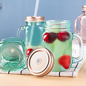 SUNNOW Vastto 6 Pack 15 Ounce Chromatic Engraved Glass Jar Mug with Handle and Straw