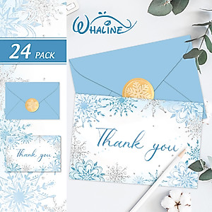 Whaline 24 Pack Christmas Thank You Cards Blue Glitter Snowflake Greeting Cards with Envelopes Stickers Blank Note Cards for Xmas Winter Party Invitation Supplies, 4 x 6 Inch