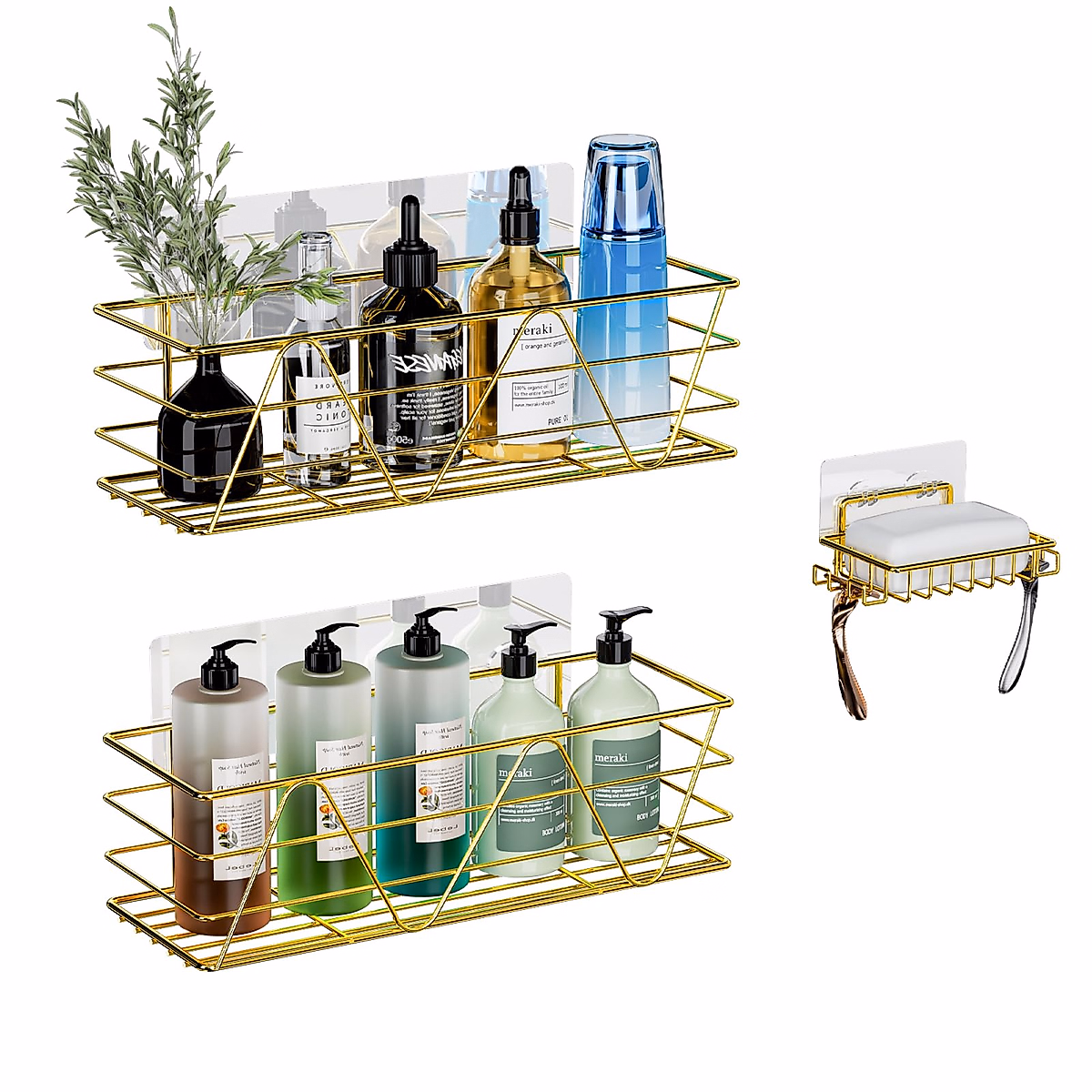 Carwiner Gold Shower Caddy Bathroom Shelves 3-Pack Basket with Soap Dish Holder, Stainless Steel Bathroom Organizer Shelf Rack Adhesive Shampoo Holder Wall Mounted for Kitchen