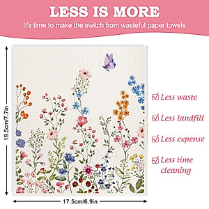 AnyDesign Wildflower Swedish Kitchen Dishcloth Watercolor Spring Flowers Butterfly Cotton Kitchen Towel Absorbent Reusable Cleaning Dishcloths for Home Party Cleaning Housewarming, 7 x 8 Inch, 4 Pack