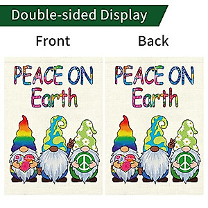Heyfibro Gnomes Peace Garden Flag Peace On Earth Garden Flags 12x18 Inch Double Sided Burlap Messenger of Peace Flags for Holiday Spring Seasonal Outdoor Decoration(ONLY FLAG)