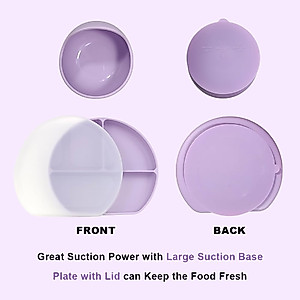 BY FOREV Silicone Baby Feeding Set, Baby Led Weaning Supplies with Suction Bowl Divided Plate, Toddler Self Feeding Dish Set with Spoons Forks Sippy Cup Adjustable Bib, Eating Utensils (Purple)