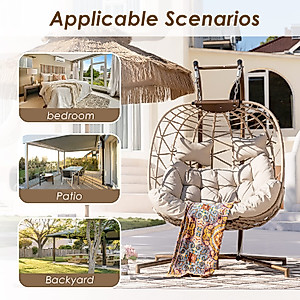 NICESOUL® Double Egg Chair Oversized 2 Person Patio Swing Chair with Stand, Indoor Outdoor Large PE Wicker Egg Shaped Hanging Egg Chair Thick Cushion (Beige)
