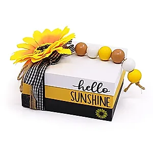 Huray Rayho Sunflower Wood Mini Book Stack Fall Tiered Tray Decor Hello Sunshine Summer Mini Faux Books Bundle Wood Bead Garland Yellow White Black Buffalo Plaid Farmhouse Shelf Sitter Decor Set of 3