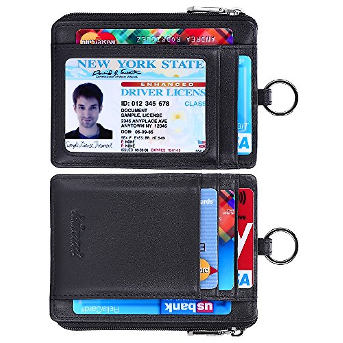 kinzd Slim Minimalist Zipper Credit Card Holder Leather Front Pocket Wallet with Keychain Ring Lanyard Strap