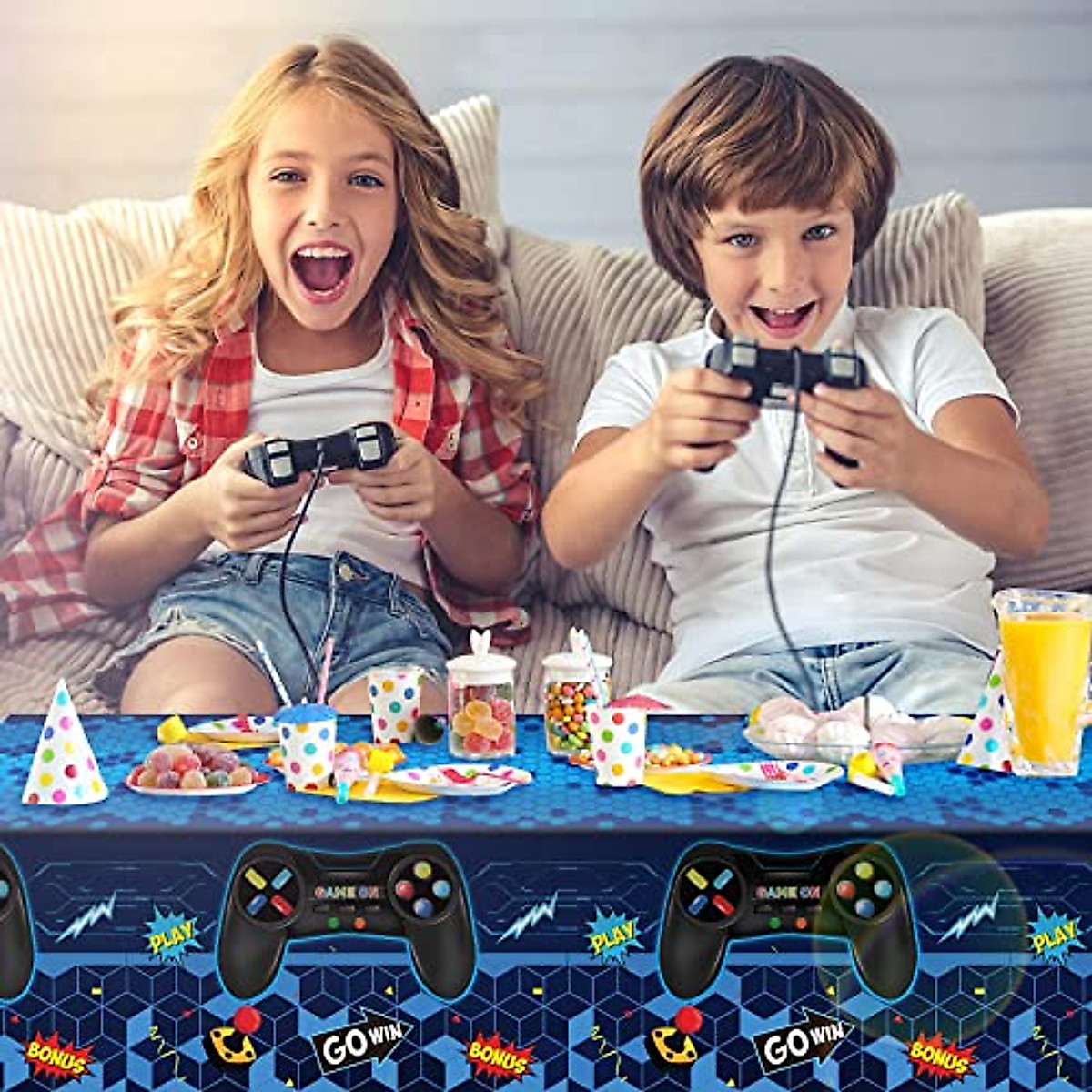 3 Pcs Video Game Table Cover Video Game Birthday Decoration Game Theme Plastic Table Cloth Party Supplies for Boys Girls Kids Player Geek Party Decorations, 54 x 108 Inch (Blue, Classic Style)