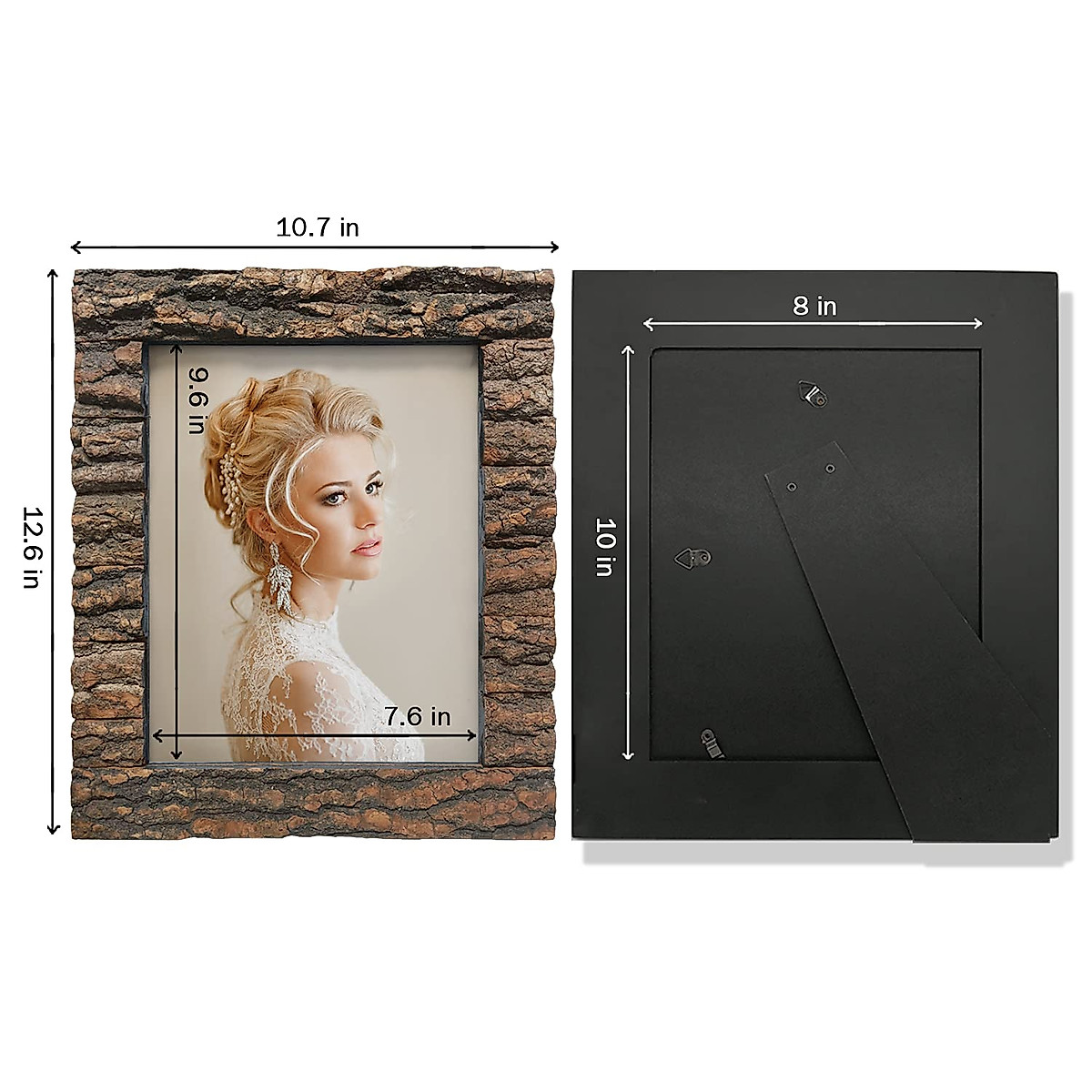 IKEREE 8x10 Rustic Wood Picture Frame with Real Bark，Solid Wood High Definition Glass,Tabletop or Wall Mounting for Farmhouse Decor.