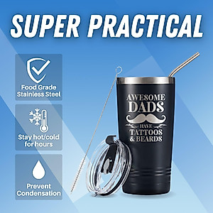 Onebttl Dad Tumbler, Funny Gifts for Father's Day, Birthday, Christmas from Daughter, Son, Wife, Awesome Dads Have Tattoos and Beards, Stainless Steel Travel Mug 20oz