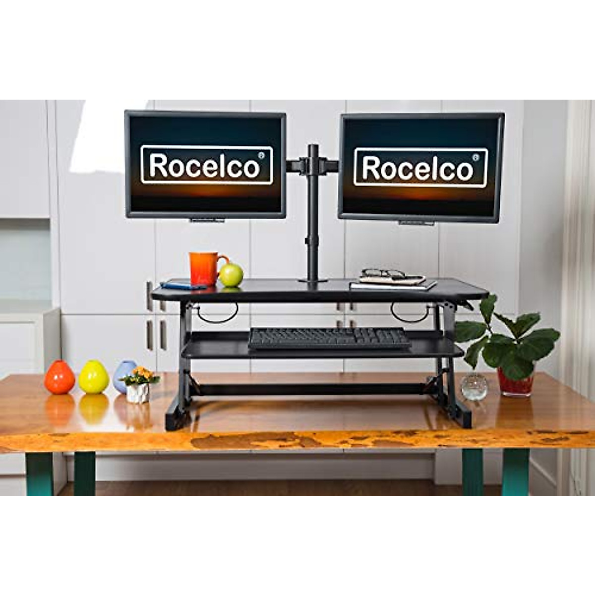 Rocelco 40" Large Height Adjustable Standing Desk Converter with Dual Monitor Mount BUNDLE - Quick Sit Stand Up Computer Workstation Riser - Retractable Keyboard Tray - Black (R DADRB-40-DM2)