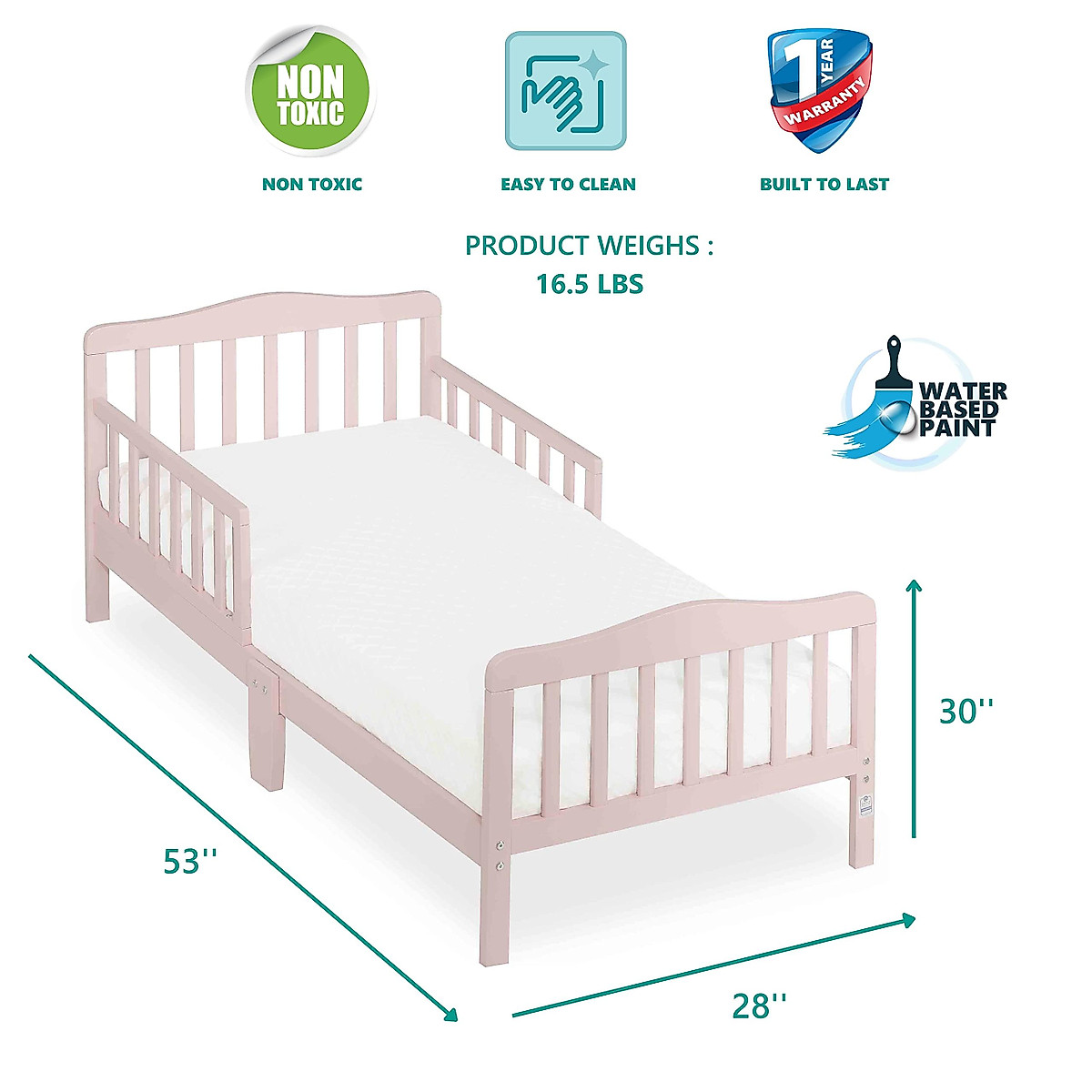 Dream On Me Classic Design Toddler Bed in Pink, Greenguard Gold Certified