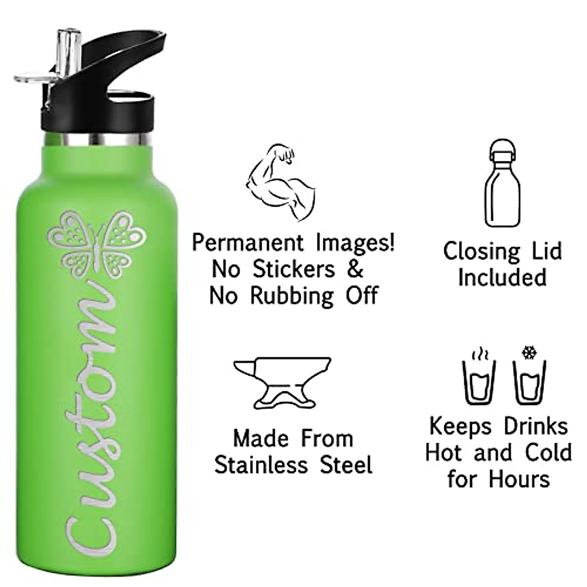 Personalized Water Bottles with Straw, Custom Insulated Water Bottle Engraved Name Text for Women Men Girls Boys-12oz/26oz