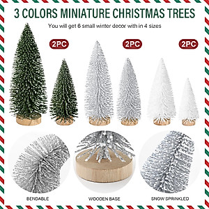 Hatisan Mini Christmas Trees with Wooden Base, Bottle Brush Artificial Trees for Tabletop Decor (Green, Silver, White)