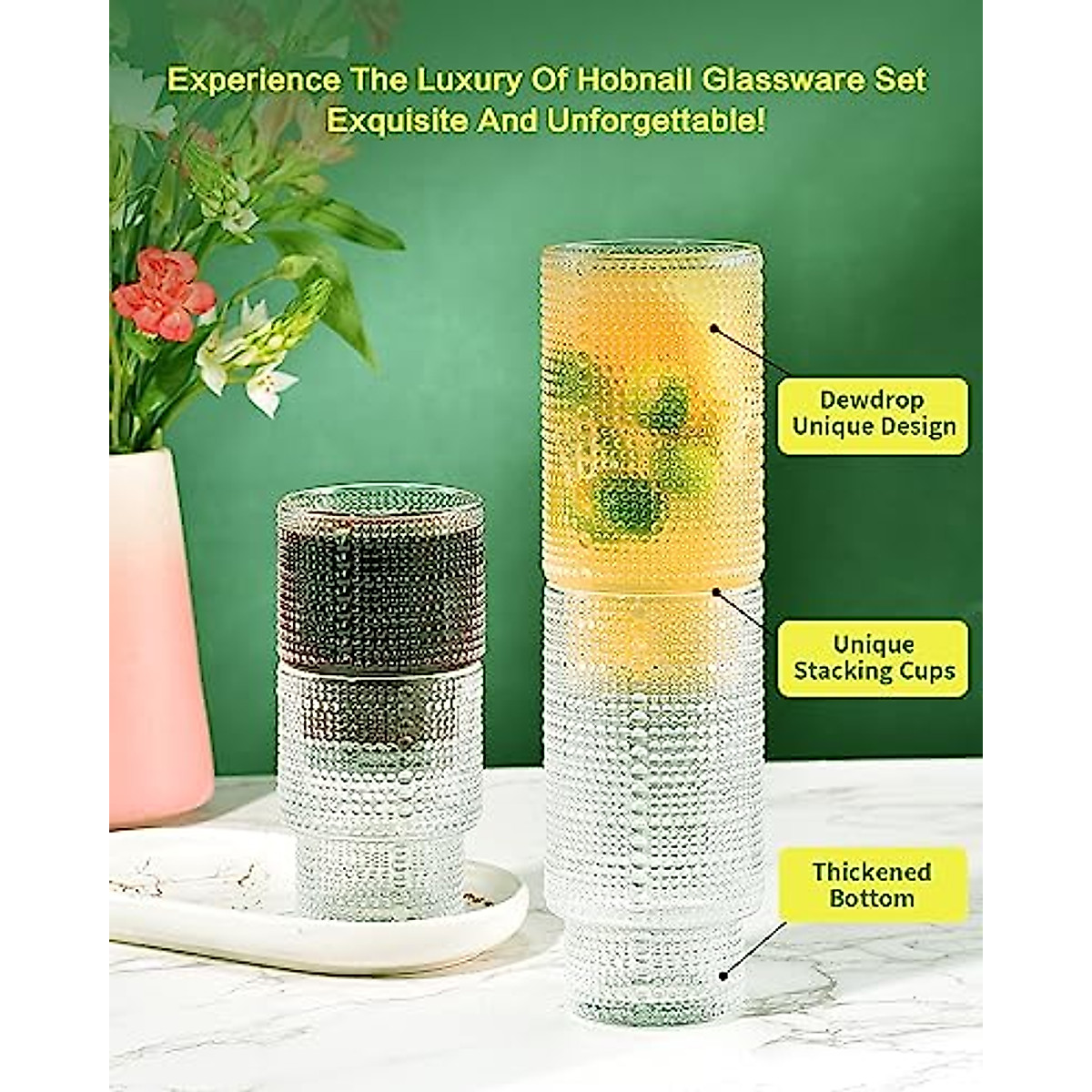 ISMASOAN Hobnail Drinking Glasses Set of 12,Glass Cups 12 oz and 7 oz,Hobnail Glassware,Vintage Glassware,Romantic Water Glasse,Drinking Glasses,Collins Glasses