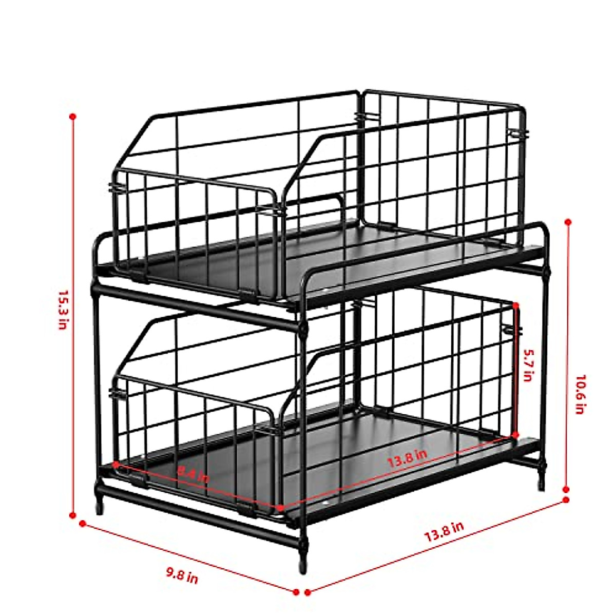 Lxmons Pull Out Under Sink Organizer, 2 Tier Slide Out Cabinet Drawer Organizer, Metal Basket Home Shelf for Bathroom or Kitchen, Sliding Countertop or Pantry Organization Storage, Large Black
