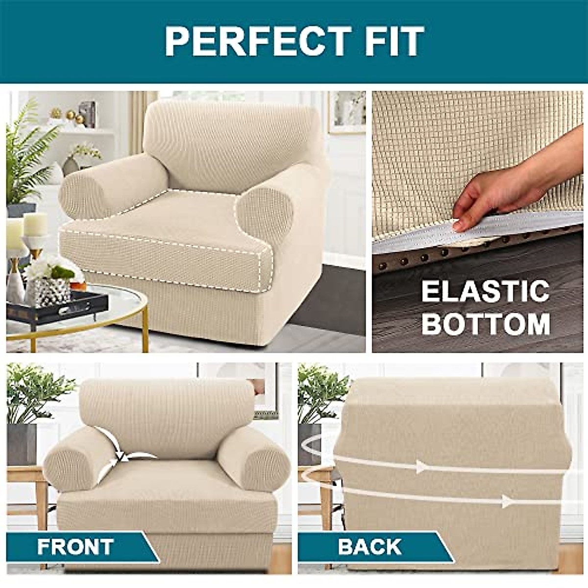Turquoize 2 Pieces Sofa Covers T Cushion Chair Slipcover T Cushion Chair Covers Stretch Couch Cover Soft Armchair Cover Furniture Covers with Individual T Cushion Seat Covers, (Chair, Biscotti Beige)