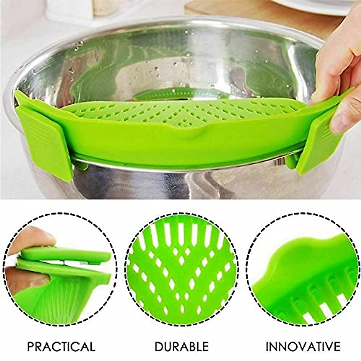 2 Pcs Clip on Strainer, Pot Strainer for Pasta Meat Vegetables Fruit, Silicone Strainer - Fit All Pots and Bowls.