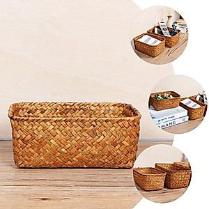 Home Decor Wicker Storage Basket Natural Woven Rattan Seagrass Storage Box Rectangular Household Organizer Boxes Shelf Wardrobe Organizer for Clothes Sundries Stationery To-y