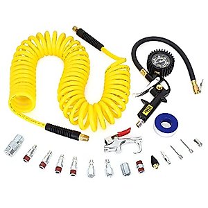 YNAir 18 Pieces Air Compressor Accessories kit, 1/4 in x 25 ft Recoil Poly Air Compressor Hose Kit, 1/4" NPT Quick Connect Air Fittings, 100 PSI Tire Inflator Gauge, Blow Gun, Couplers and Plugs