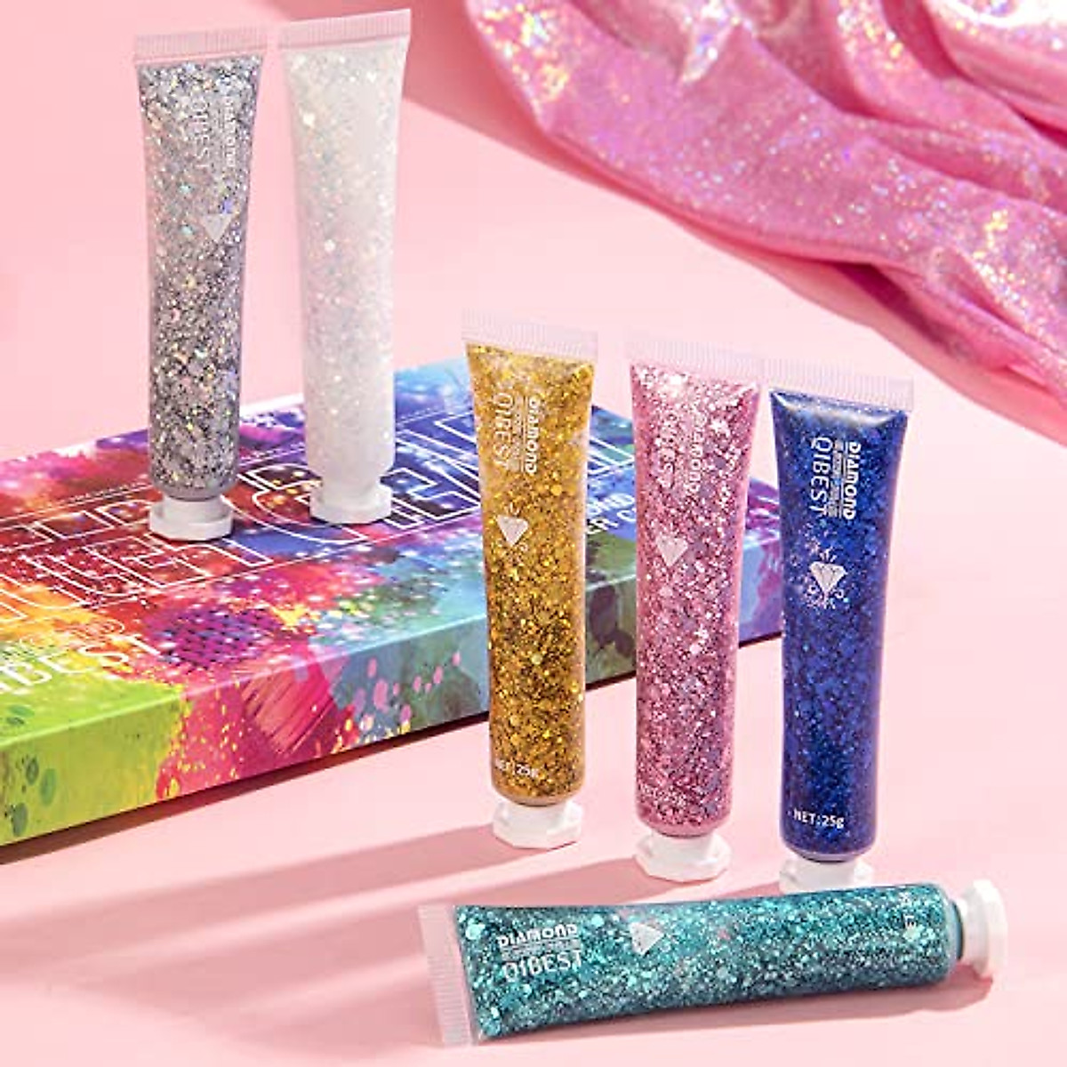 6 Pack Body Glitter Gel Face Glitter for Body, Face, Eye, Hair, Nails Glitter Makeup Liquid Long Lasting Sparkling Mermaid Chunky Glitter Gel for Festival Art Party Halloween (6 Color Sets)