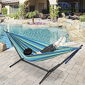 ONCLOUD Extra Long and Wide Double Hammock for Travel Camping Backyard, Porch, Outdoor or Indoor Use, Carrying Pouch Included (Blue/Green Stripes)