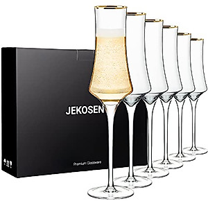 JEKOSEN NEW Champagne Flutes Glasses 8oz Set of 6 Clear Crystal Lead-Free Stemware Champagne Glass With Gold Rim