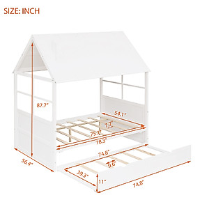 BIADNBZ Full Size House Bed with Twin Trundle, Wooden Platform BedFrame Daybed w/Roof&Window for Kids Boys Girls Bedroom, White