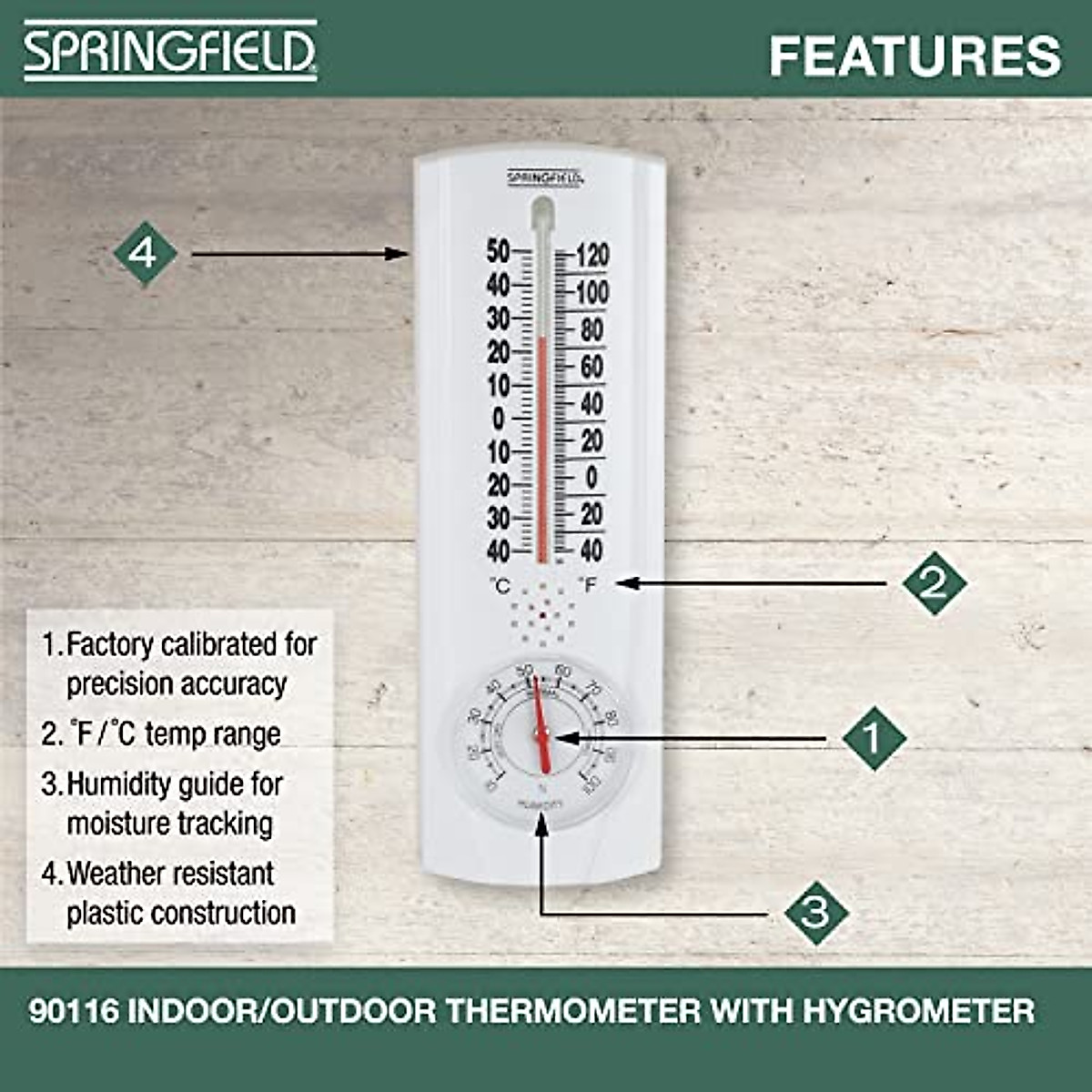 Springfield Vertical Thermometer and Hygrometer, Indoor Outdoor Thermometer, Wireless Humidity Meter for Patio, Garden, or Nursery areas (9.125-Inch)