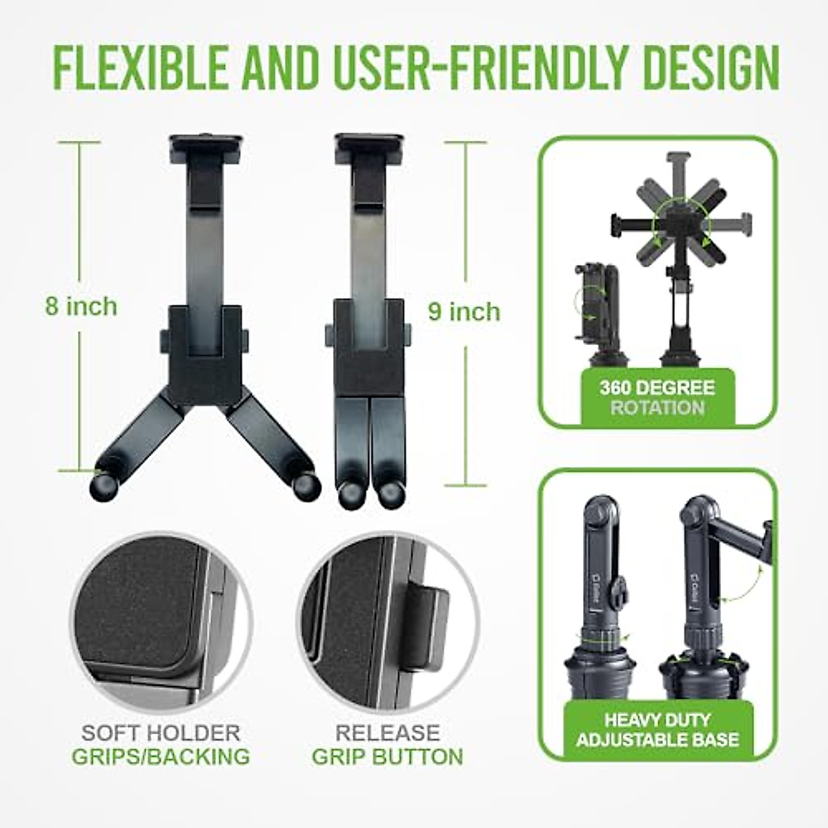 Cellet Universal 360 Adjustable Cup Holder Tablet Automobile Mount Cradle Compatible to Apple IPad Pro 12.9 IPad 9.7-inch Air 2019 IPad Mini 4 Samsung Galaxy Tab S4 S5e Surface Go Pro 6(PHC670M) 13in