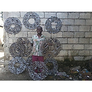 Front Door Metal Wreath with Flowers and Branches, Garden Wall Hanging Lid Sculpture, Handmade in Haiti 23 in. x 23 in.