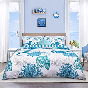 ASPMIZ 3 Piece Ocean Duvet Cover Queen Size Set, Double Side Reversible Soft Sea Coastal Queen Duvet Cover with Zipper Closure, Blue Comforter Cover Set, 1 Duvet Cover 90 x 90 inches & 2 Pillow Shams