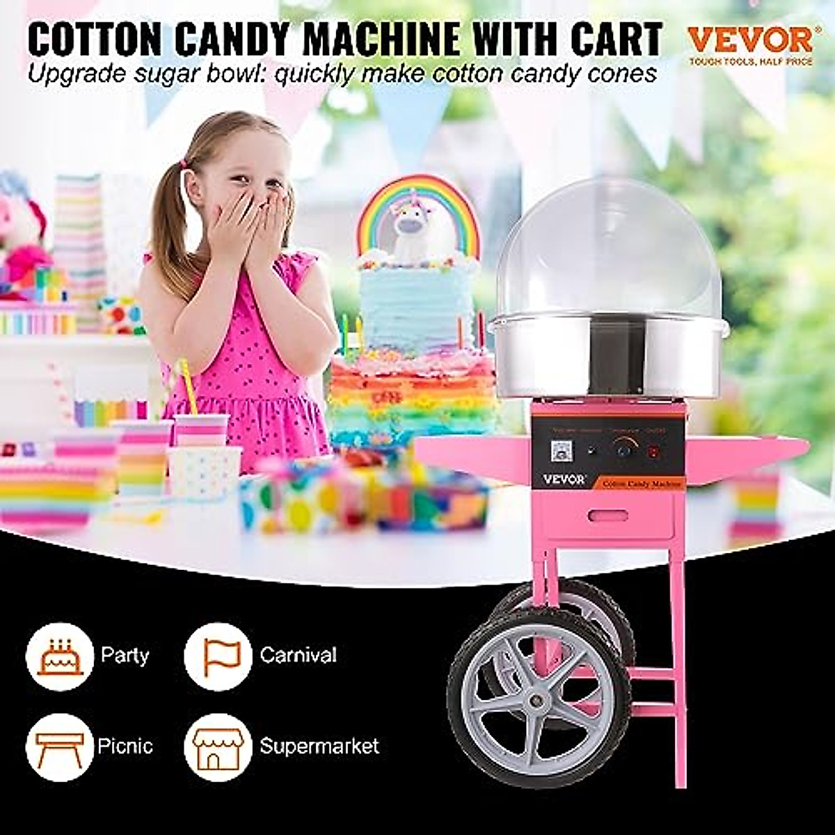 VEVOR Electric Cotton Candy Machine Cart with Bubble Cover Shield, 1000W Commercial Floss Maker with Stainless Steel Bowl, Sugar Scoop and Drawer, Perfect for Home, Kids Birthday, Family Party, Pink