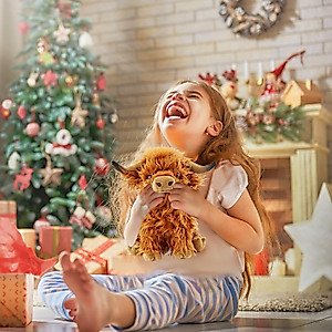 Highland Cows Stuffed Animal Realistic Scottish Cow Plush Toy Soft Farm Animal Cattle Plushie Doll Present for Adults Kids Boys Girls (Brown Cow, 10.8 Inch)