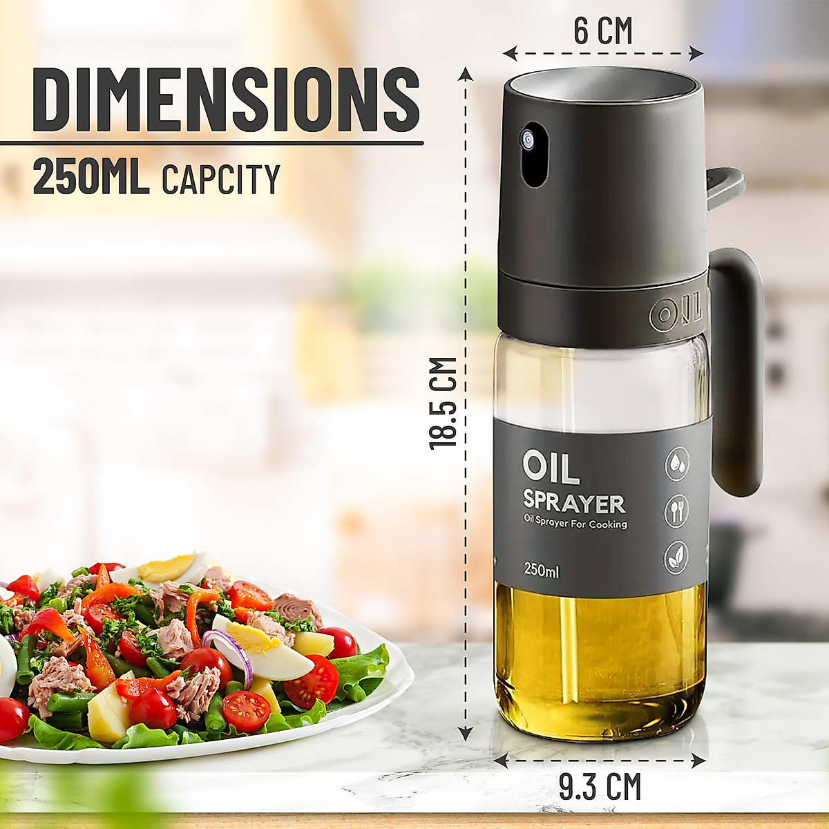 VuseOne Oil Sprayer Kitchen Gadget for Cooking High Borosilicate Glass Oil Sprayer Mister, 250ml Olive Oil Spray Bottle for AirFryer, Salad, BBQ, Kitchen Baking, Roasting, Dark Gray
